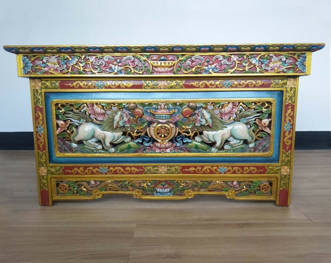 Tibetan Finest Buddhist Chokchi Wooden Carved Foldable Tea Table Nepal ...