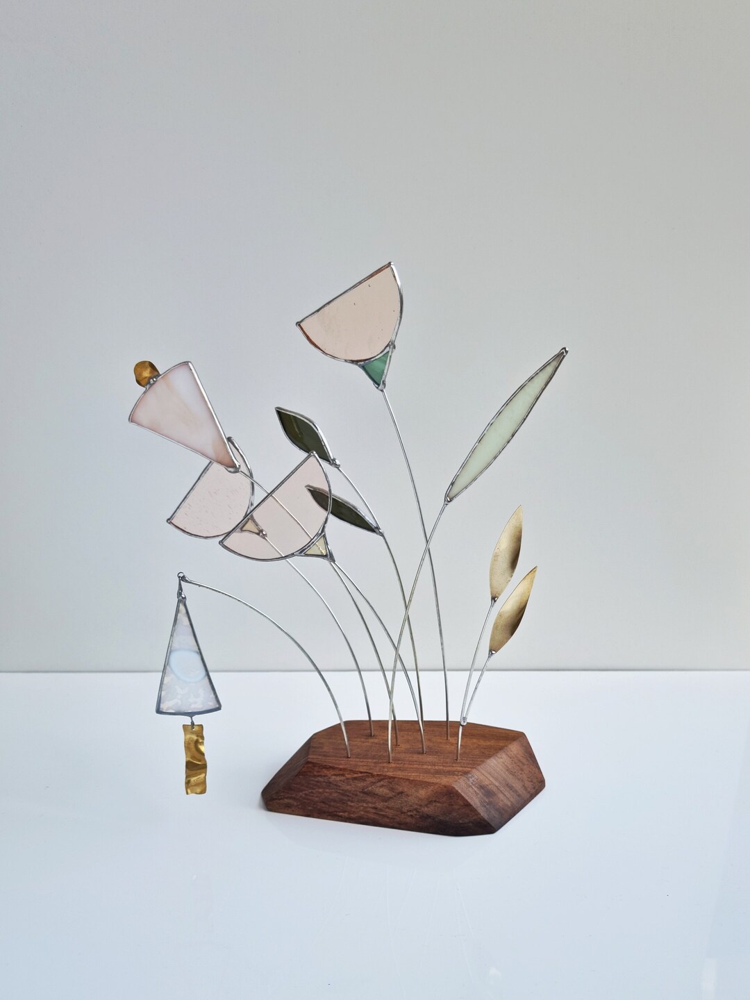 Bouquet/bunch of 8 Stained Glass Flowers With Wood Base. Brass Flower ...