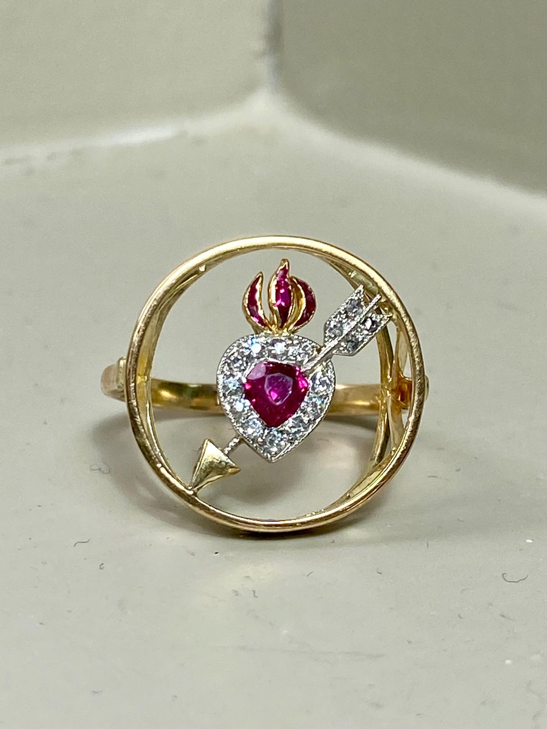 Victorian 18k Gold, Ruby and Diamond Flaming Heart and Arrow Ring - Etsy