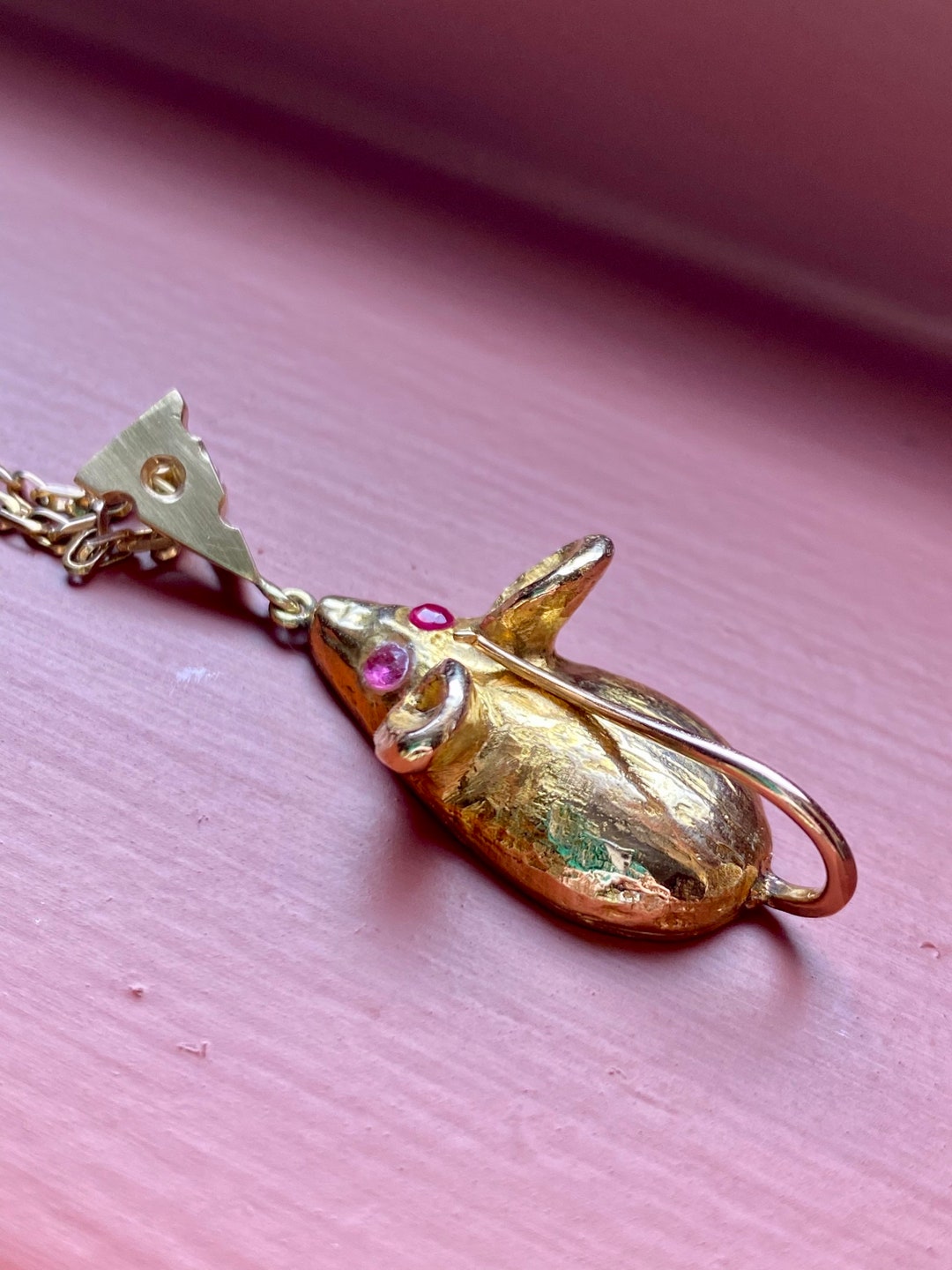 Vintage 9k Gold and Ruby Mouse With Cheese Necklace - Etsy