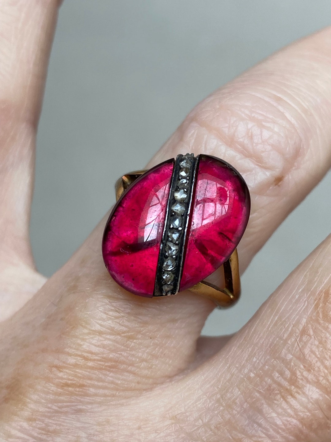 Victorian 15k Gold, Foiled Almandine Garnet and Rose Cut Diamond Ring ...