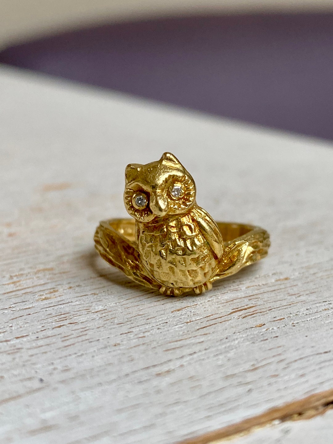 Vintage 18k Gold and Diamond Owl Ring - Etsy