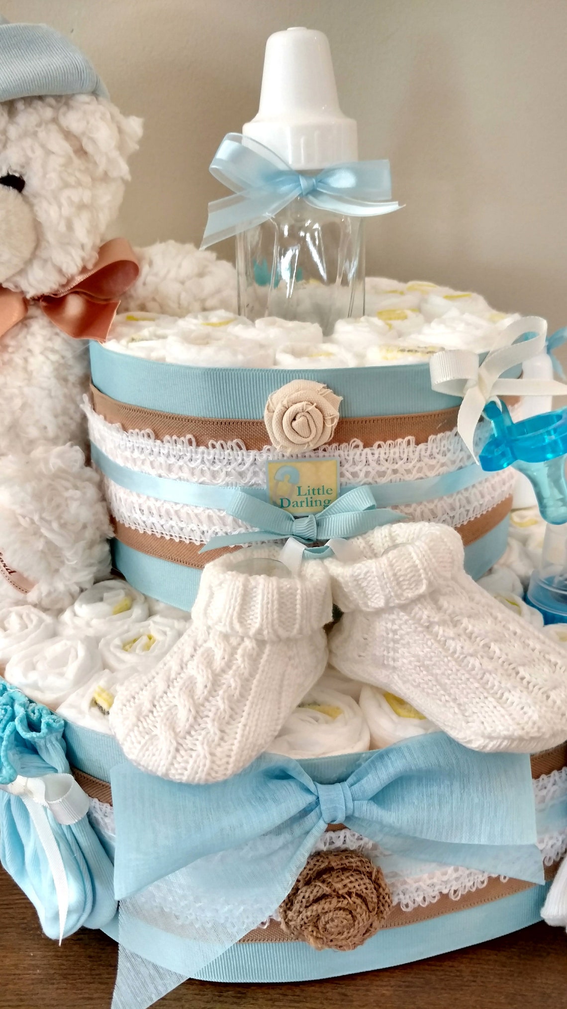 Teddy Bear Diaper Cake, Bear Diaper Cake, Bear Centerpiece, Blue Two ...