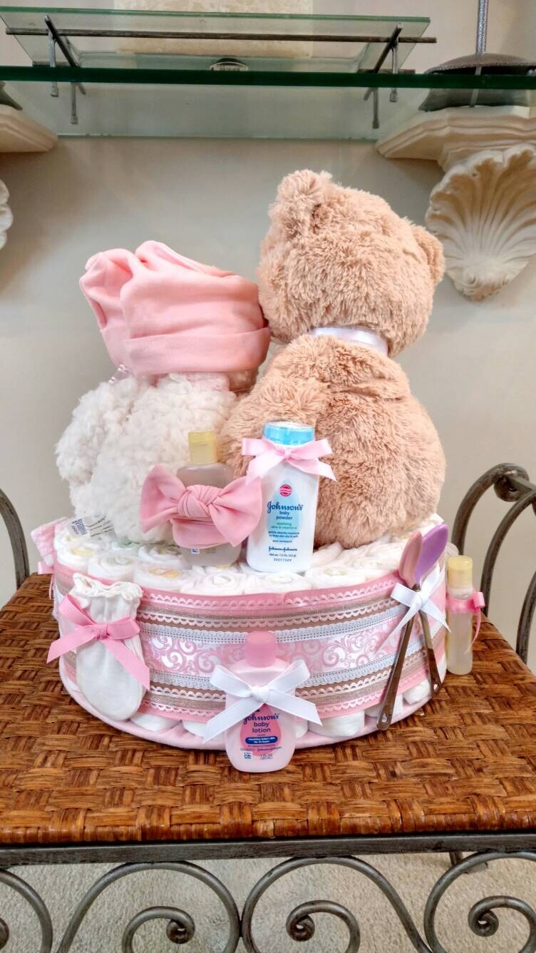 Teddy Bear Diaper Cake, Bear Diaper Cake, Girl Diaper Cake in Pink ...