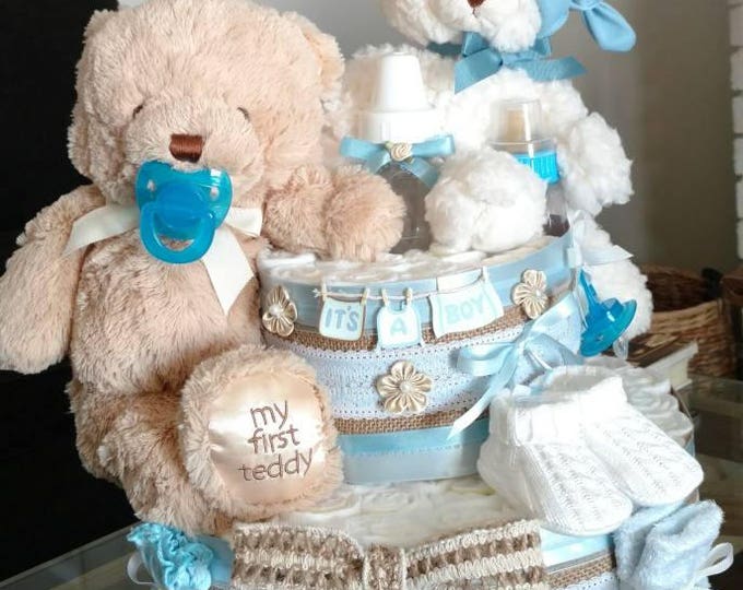 Bear Diaper Cake, Teddy Bear Diaper Cake, Boy Diaper Cake 2 Tier - Etsy
