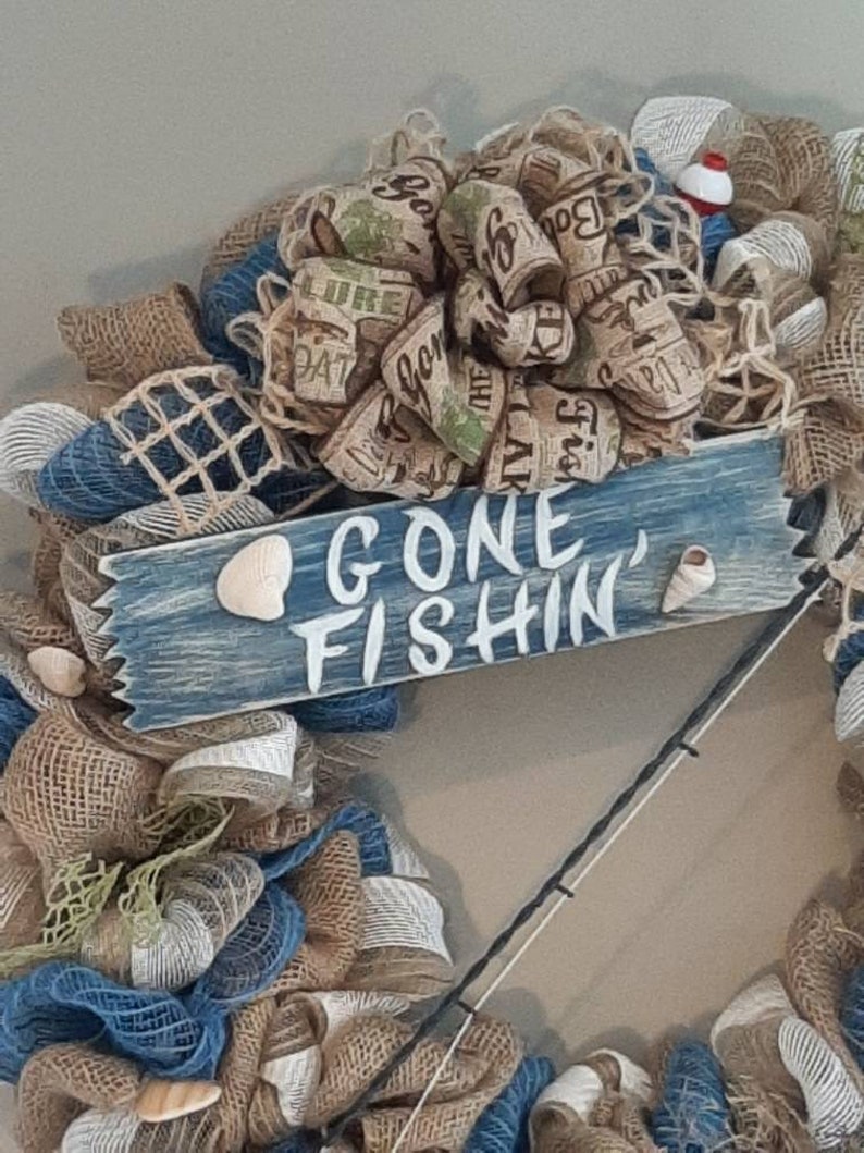 Fishing Wreath, Burlap Fishing Wreath, Gone Fishin, Beach Wreath ...