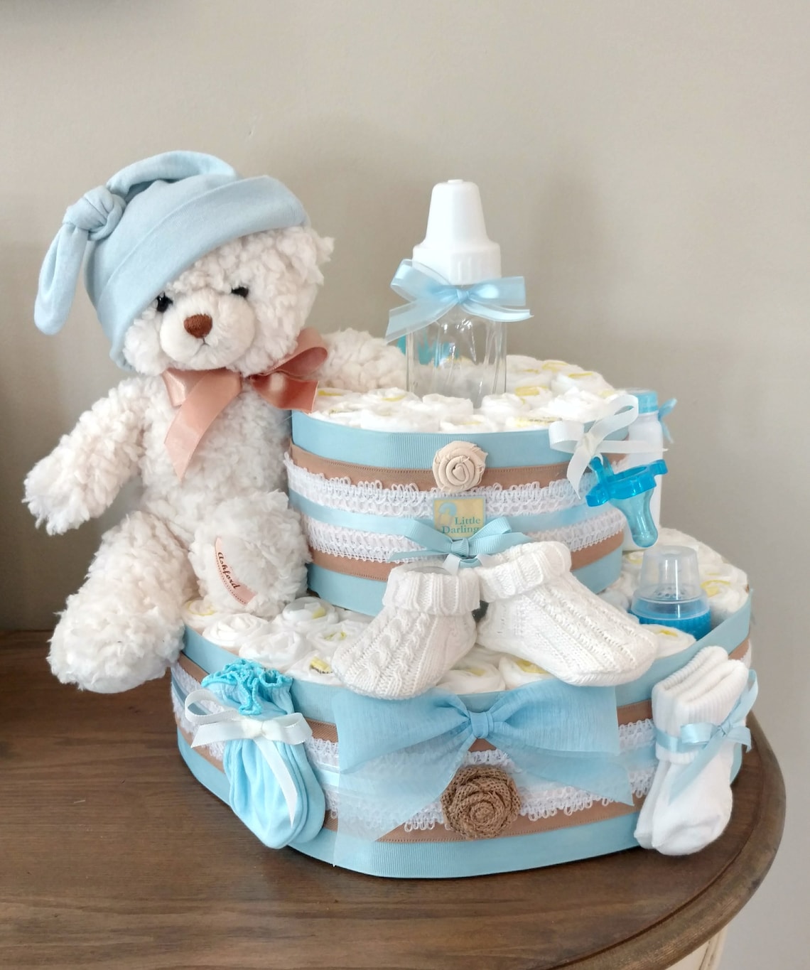 Teddy Bear Diaper Cake, Bear Diaper Cake, Bear Centerpiece, Blue Two ...