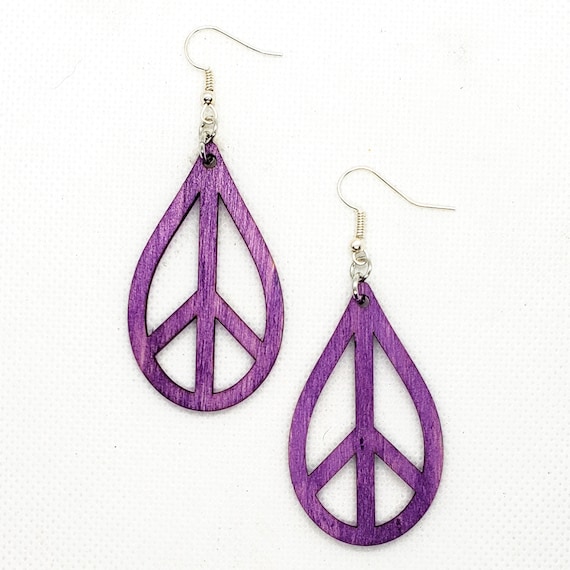 Peace Sign Teardrop Earrings Purple Wood Hand-stained - Etsy