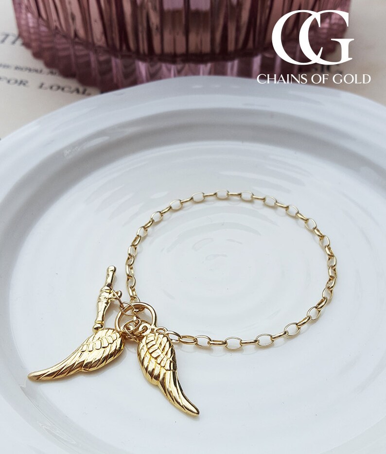 Fine 9ct Yellow Gold Guardian Angel Wings Belcher Bracelet | Etsy