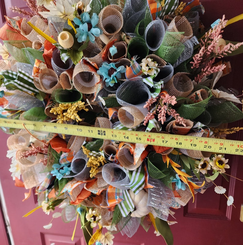 Large Beautiful 22 Fall Autumn Deco Mesh Ribbon Wreath Blue Orange ...