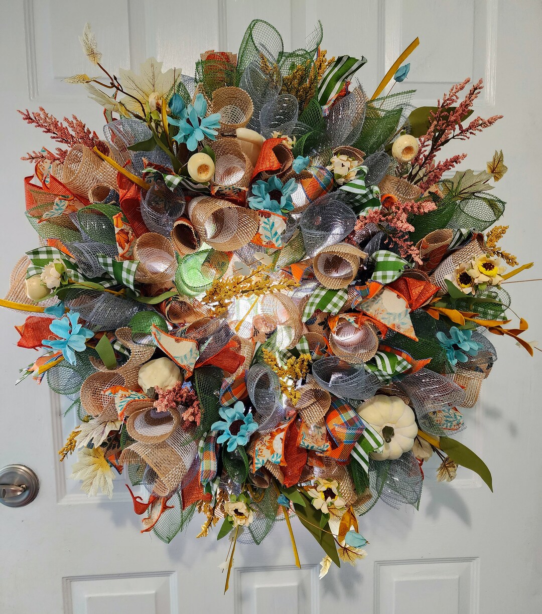Large Beautiful 22 Fall Autumn Deco Mesh Ribbon Wreath Blue Orange ...