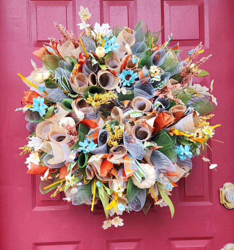 Large Beautiful 22 Fall Autumn Deco Mesh Ribbon Wreath Blue Orange ...