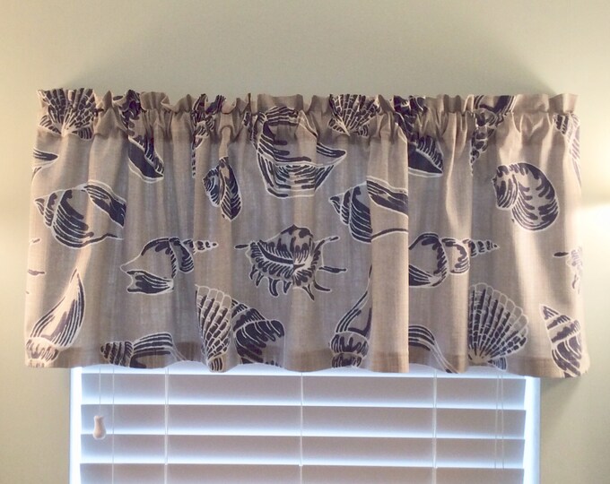 Coastal Valance With Sea Shells in Navy Blue and White on Gray Fabric ...