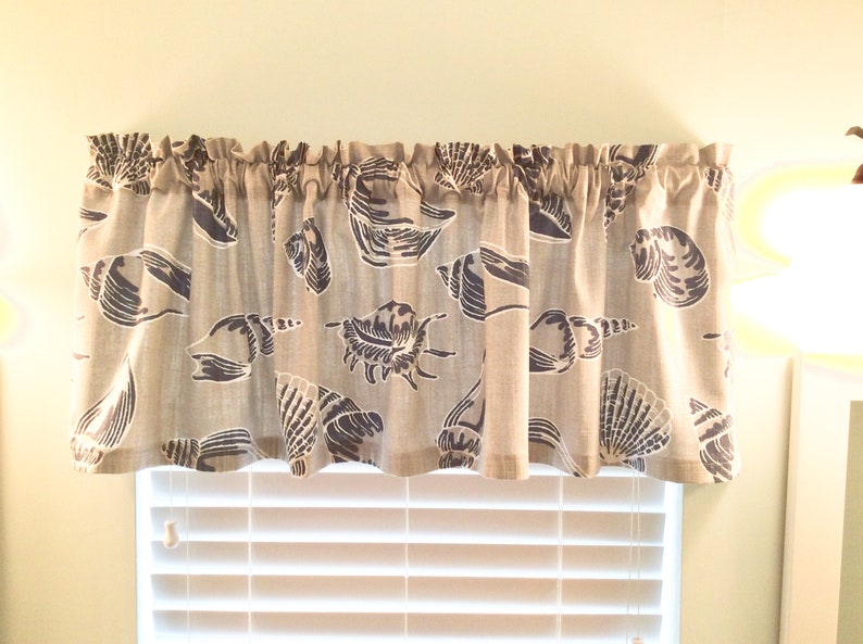 Coastal Valance With Sea Shells in Navy Blue and White on Gray | Etsy