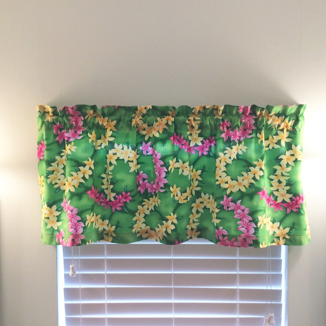 Hawaiian Print Valance With Pink and Yellow Plumeria on Lime Green ...