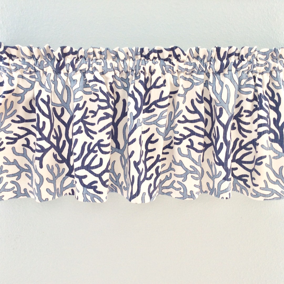 Coral Design Coastal Window Valance in Blues on White - Etsy