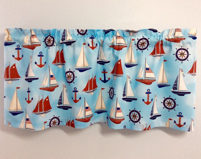 Nautical Window Valance With Boats, Anchors, and Ship Wheels, Shades of ...