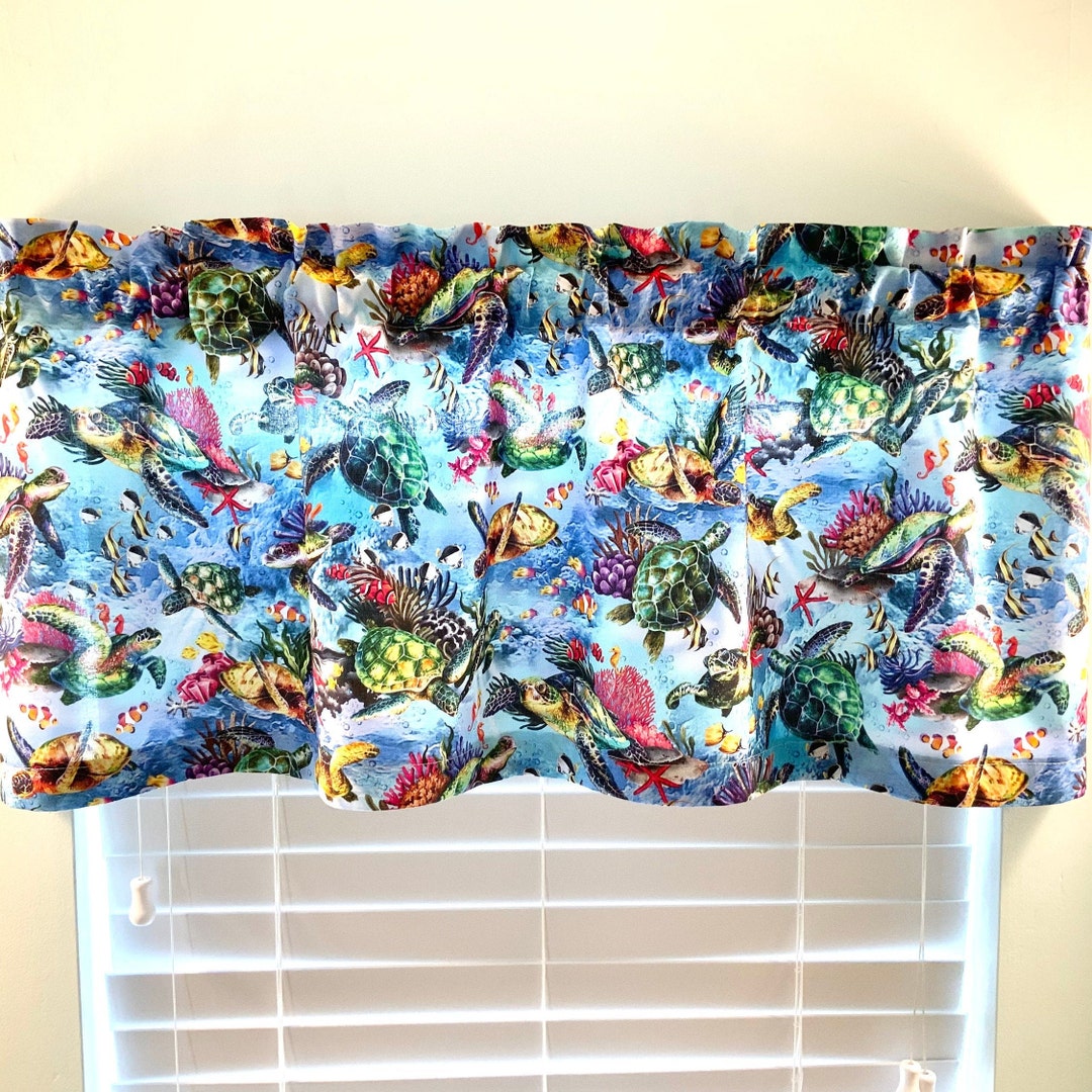Beach Valance With Colorful Sea Turtles and Sea Life on Shades of Blue ...
