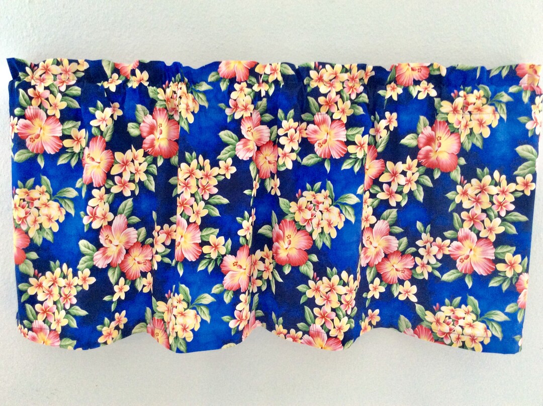 Hawaiian Window Valance With Hibiscus and Plumeria Print on Blue Fabric ...