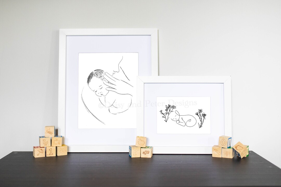 Digital Line Drawing Baby With Flowers Baby Girl Line Drawing With ...