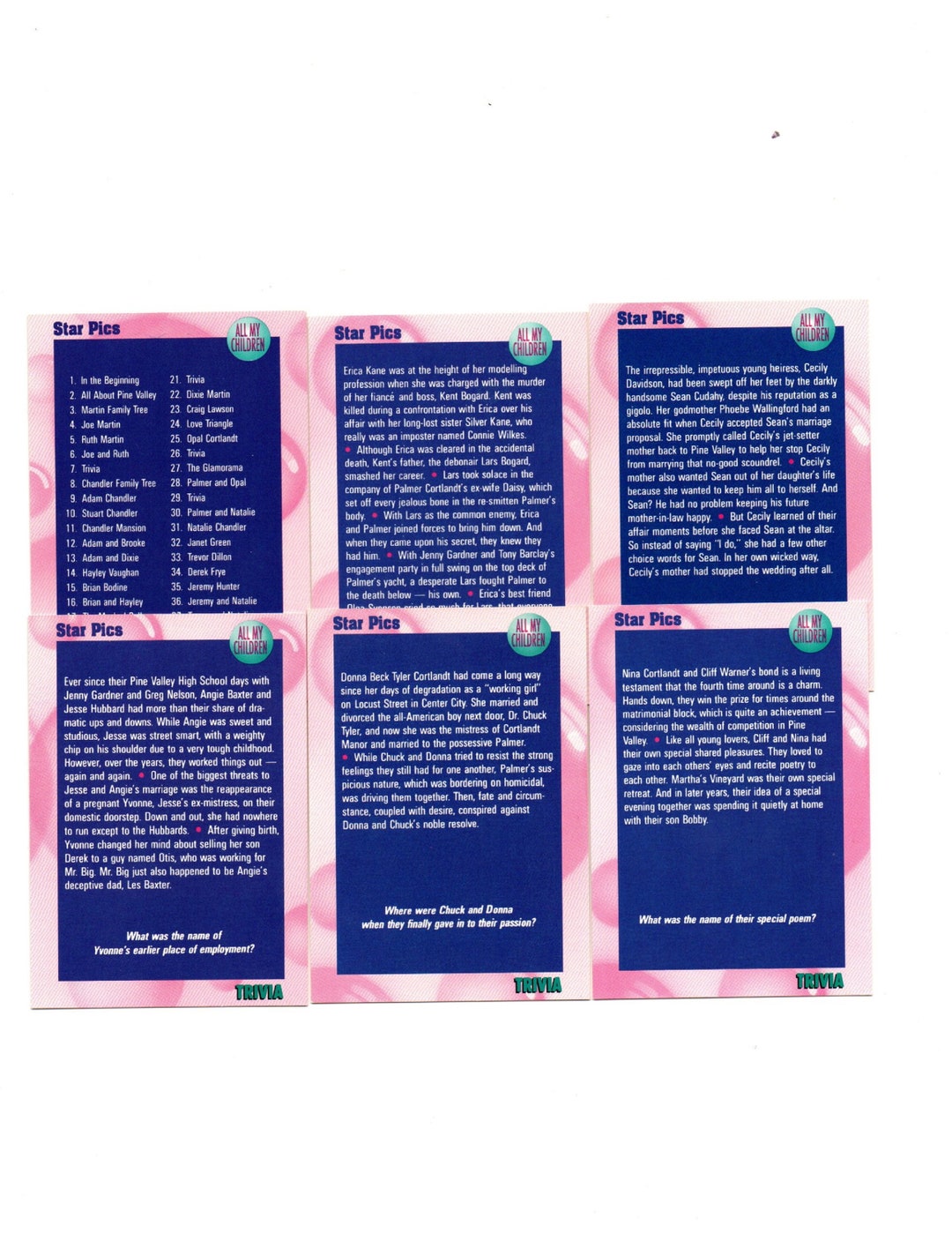 Vintage All My Children Trading Cards ,star Pics Cards, Lot of 6 ,1991 ...