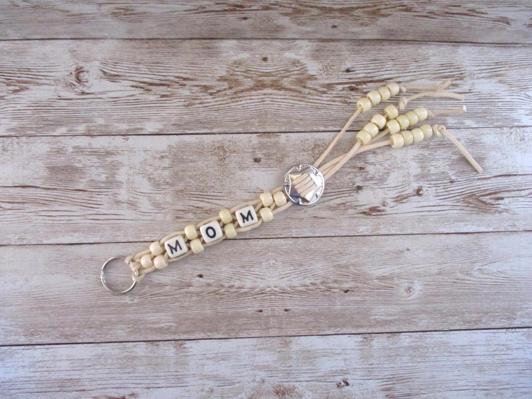 Leather Keychain Beige Mom Beaded Handmade Mothers Day Gift Braided ...