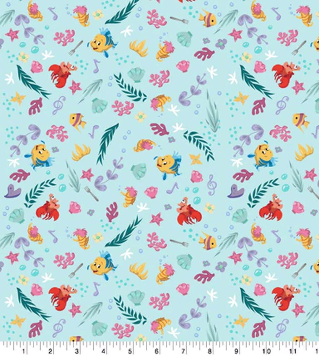 Little Mermaid Friends Fabric Disney Blue Sebastian Pearl Flounder ...