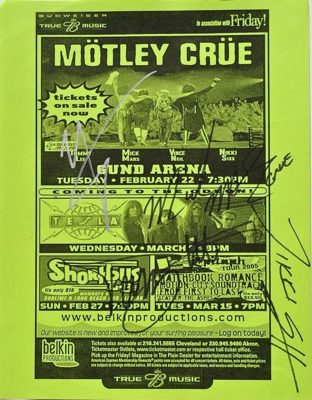 Motley Crue Signed Flyer X4 - Nikki Sixx, Mick Mars, Vince Neil, Tommy ...