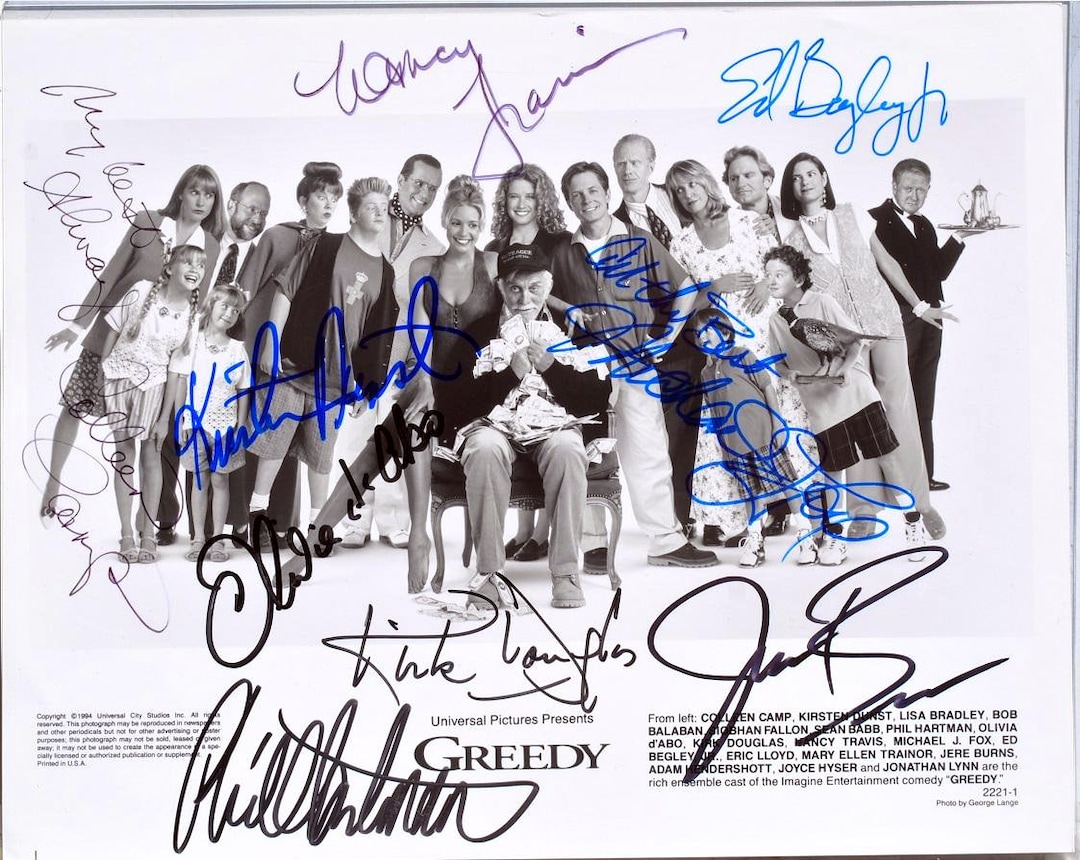 Greedy Cast Signed Photo X9 – Michael J Fox, Kirk Douglas, Phil Hartman ...