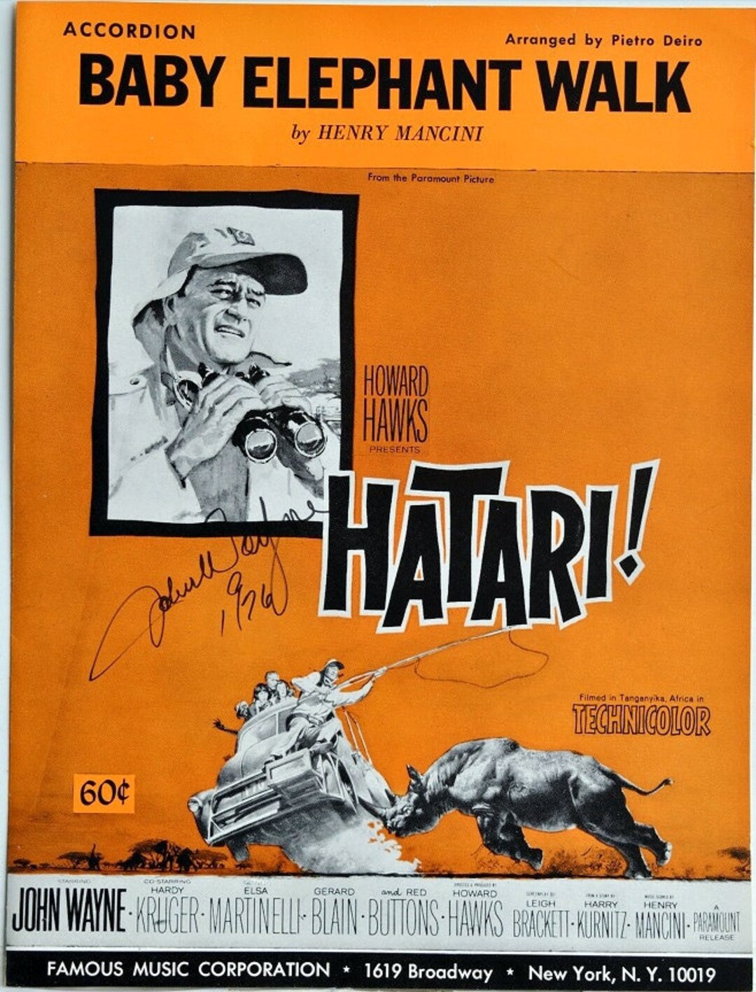 John Wayne Signed Music Sheet Hatari Baby Elephant Walk W/COA - Etsy