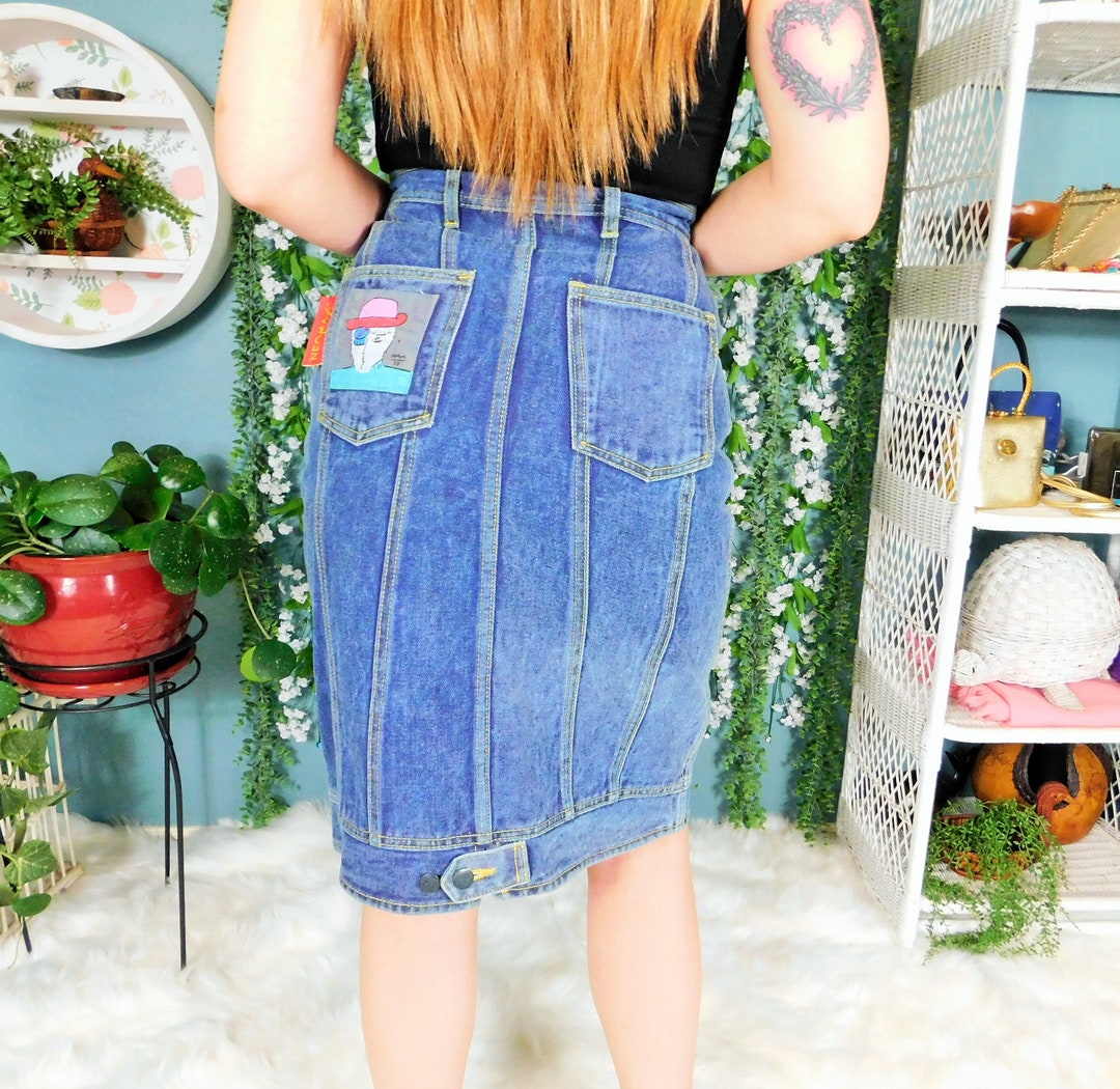 80s Neomax Denim Pencil Skirt / Vintage Jean Skirt / Hand Painted ...