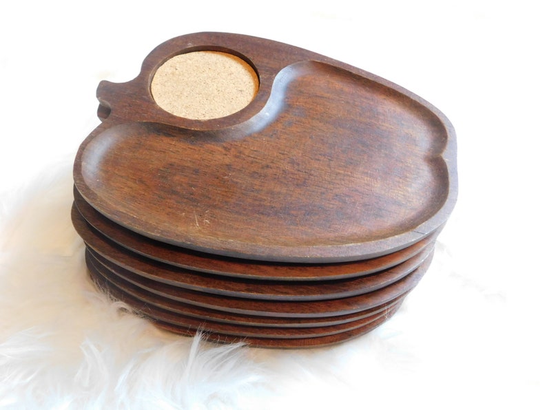 60's Apple Shape Wood Coaster Snack Plate Combo 7 Pieces - Etsy
