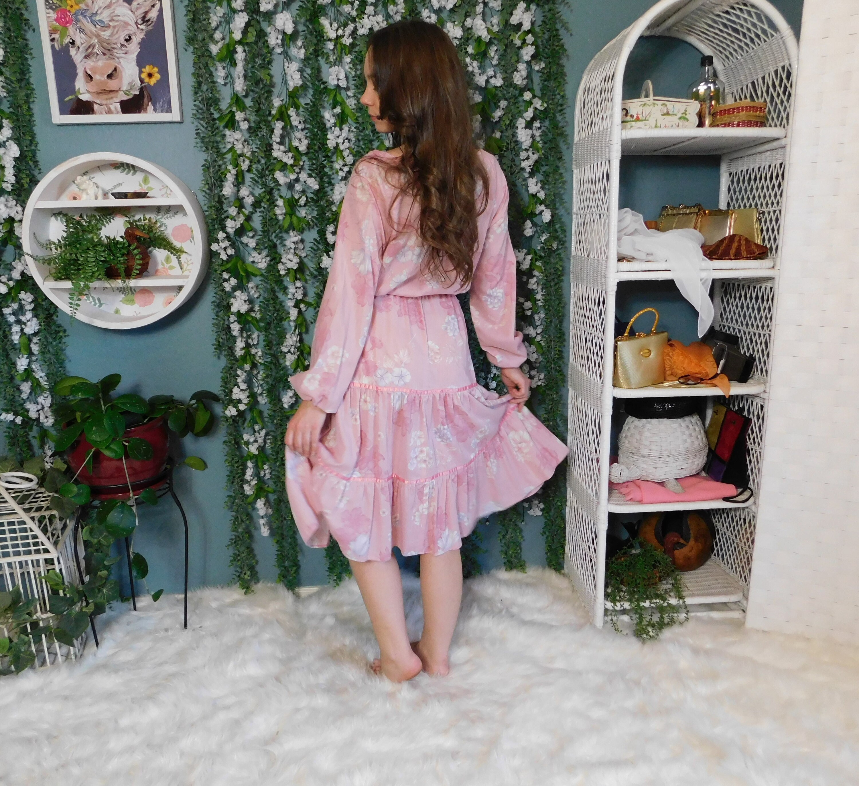 70's Toby George .. Pink Floral Long Sleeve Mid Length Tiered Dress - Etsy