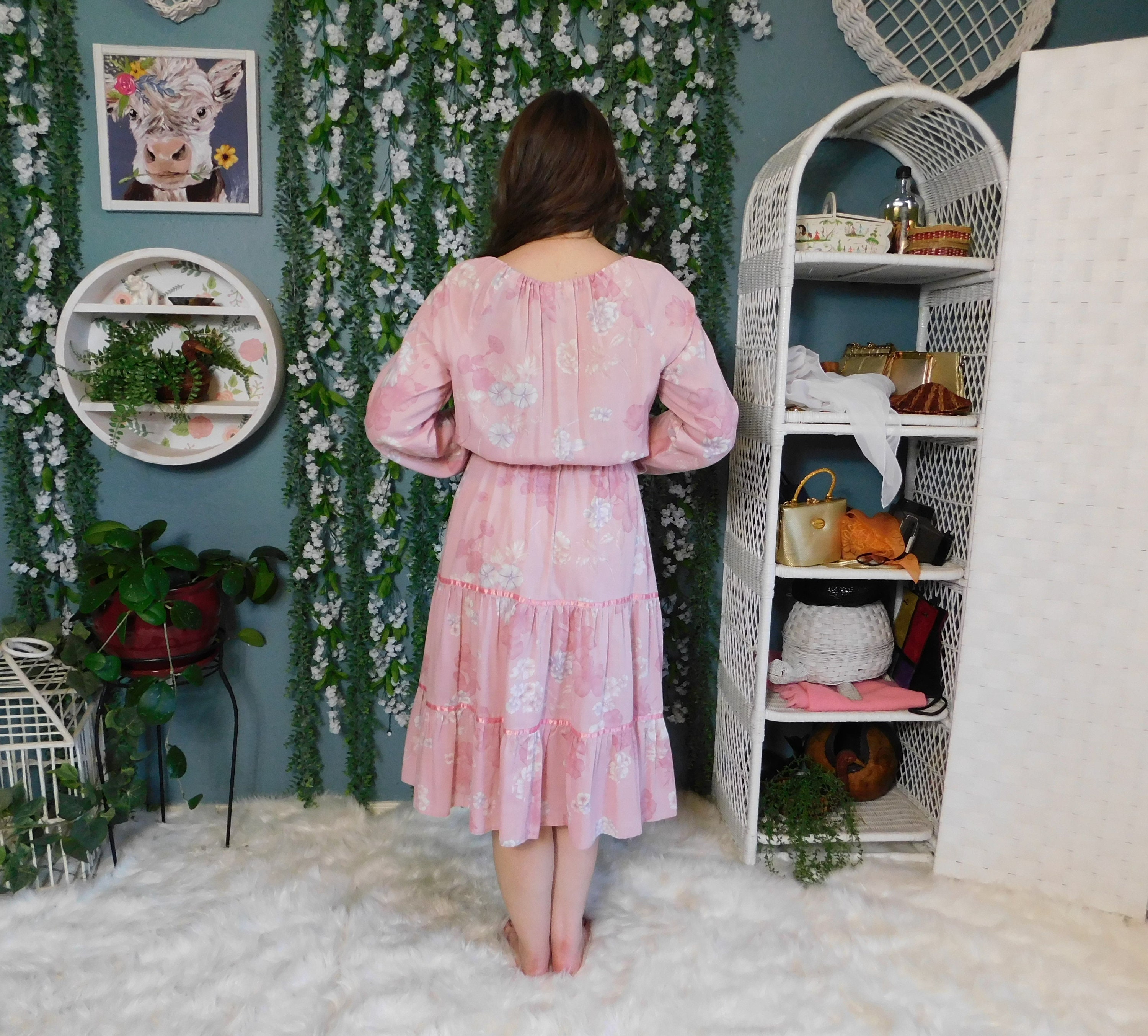 70's Toby George .. Pink Floral Long Sleeve Mid Length Tiered Dress - Etsy