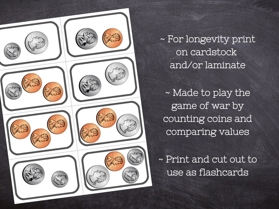 Money War Game Coin Comparison Printable / Coin Counting Flashcards ...