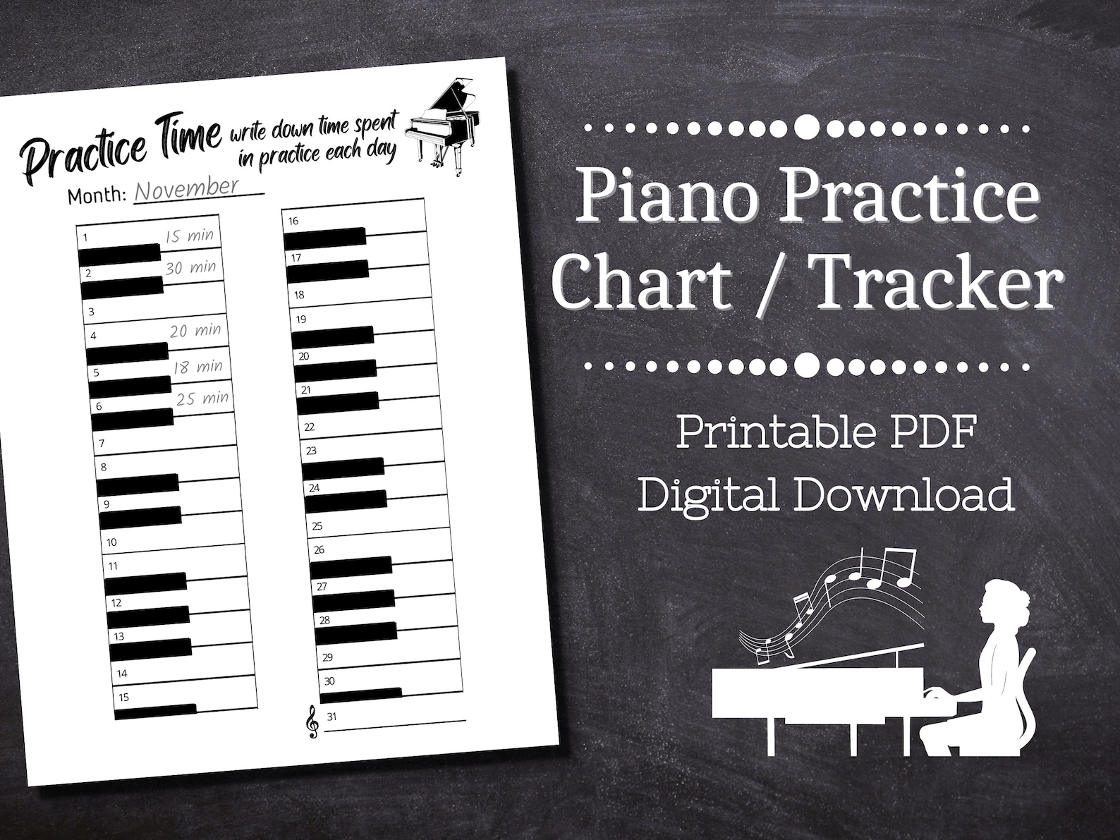 Piano Practice Chart Printable / Piano Practice Log Template / Piano ...