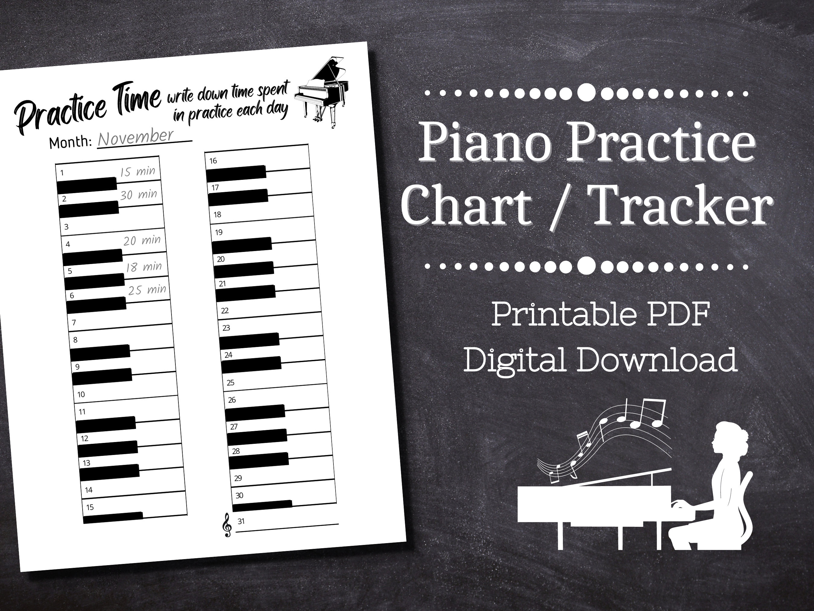 Piano Practice Chart Printable / Piano Practice Log Template / Piano ...