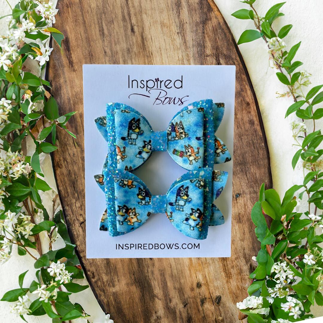 2 Piece Blue Dog Cartoon Inspired Glitter Hair Bow Set/ Birthday and ...
