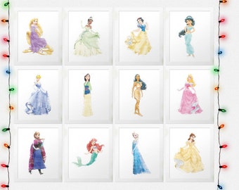 Watercolor Princess Art Print Set of 12, White Background Nursery Art ...