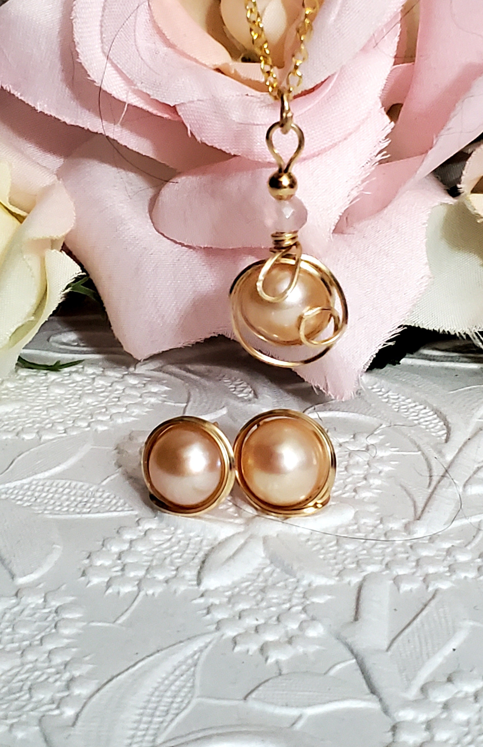 Pink Pearl Jewelry Set,pink Pearl Gold Filled Necklace Earrings,bridal ...
