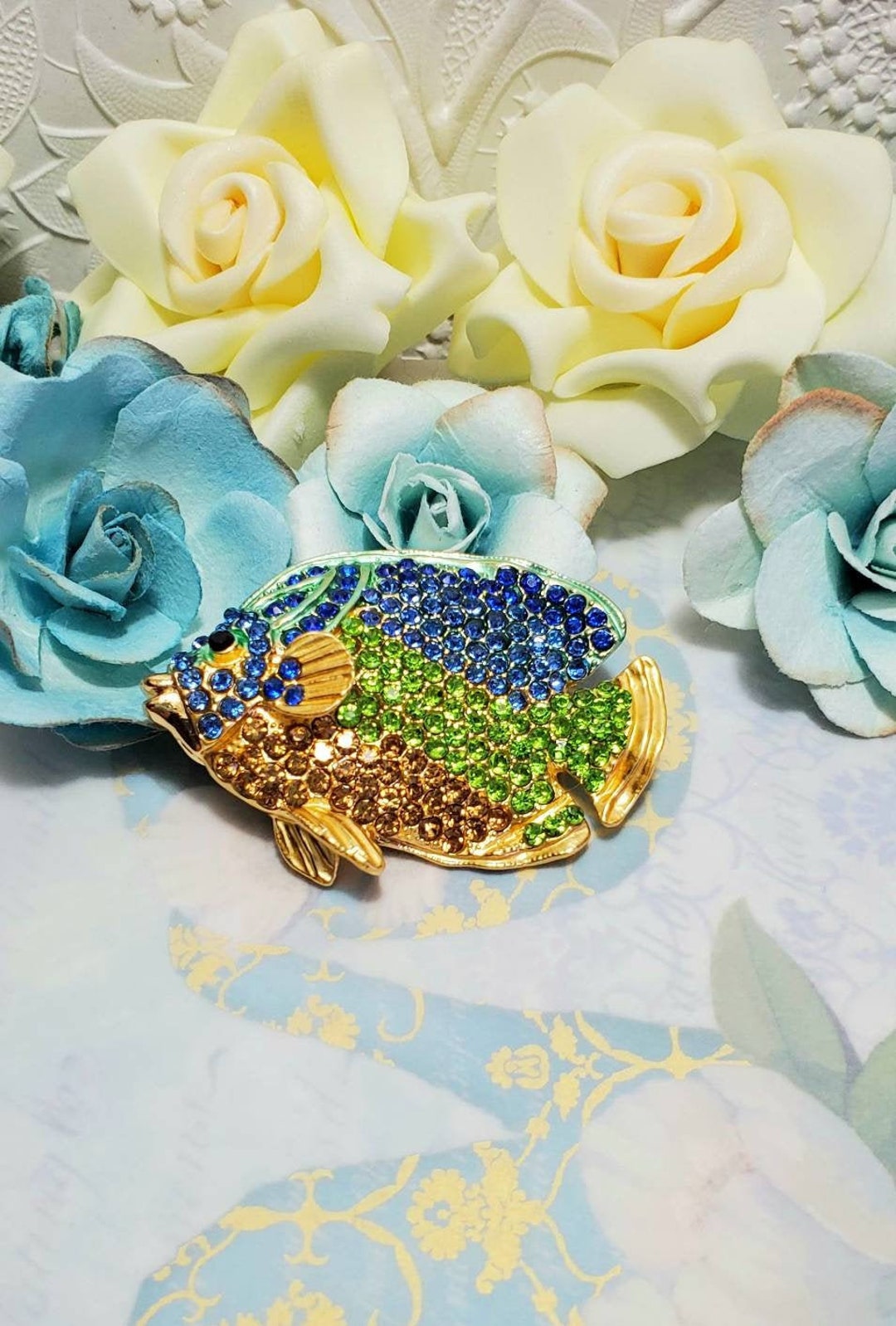 Blue Green Rhinestone Fish Brooch Pin, Pave Fish Brooch, Gift for Her ...