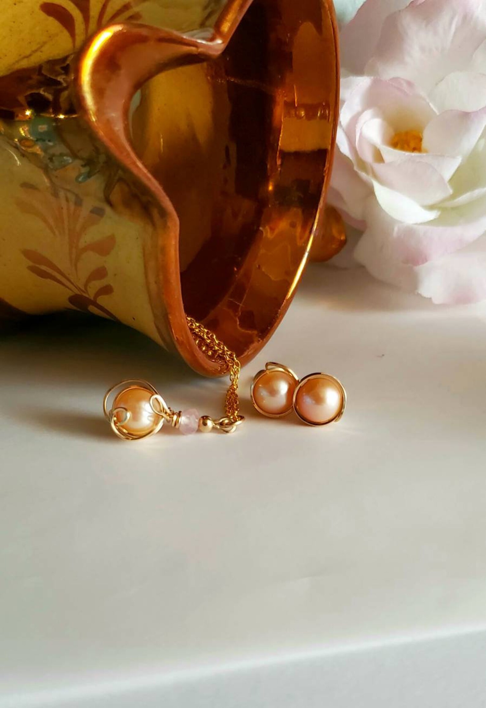 Pink Pearl Jewelry Set,pink Pearl Gold Filled Necklace Earrings,bridal ...