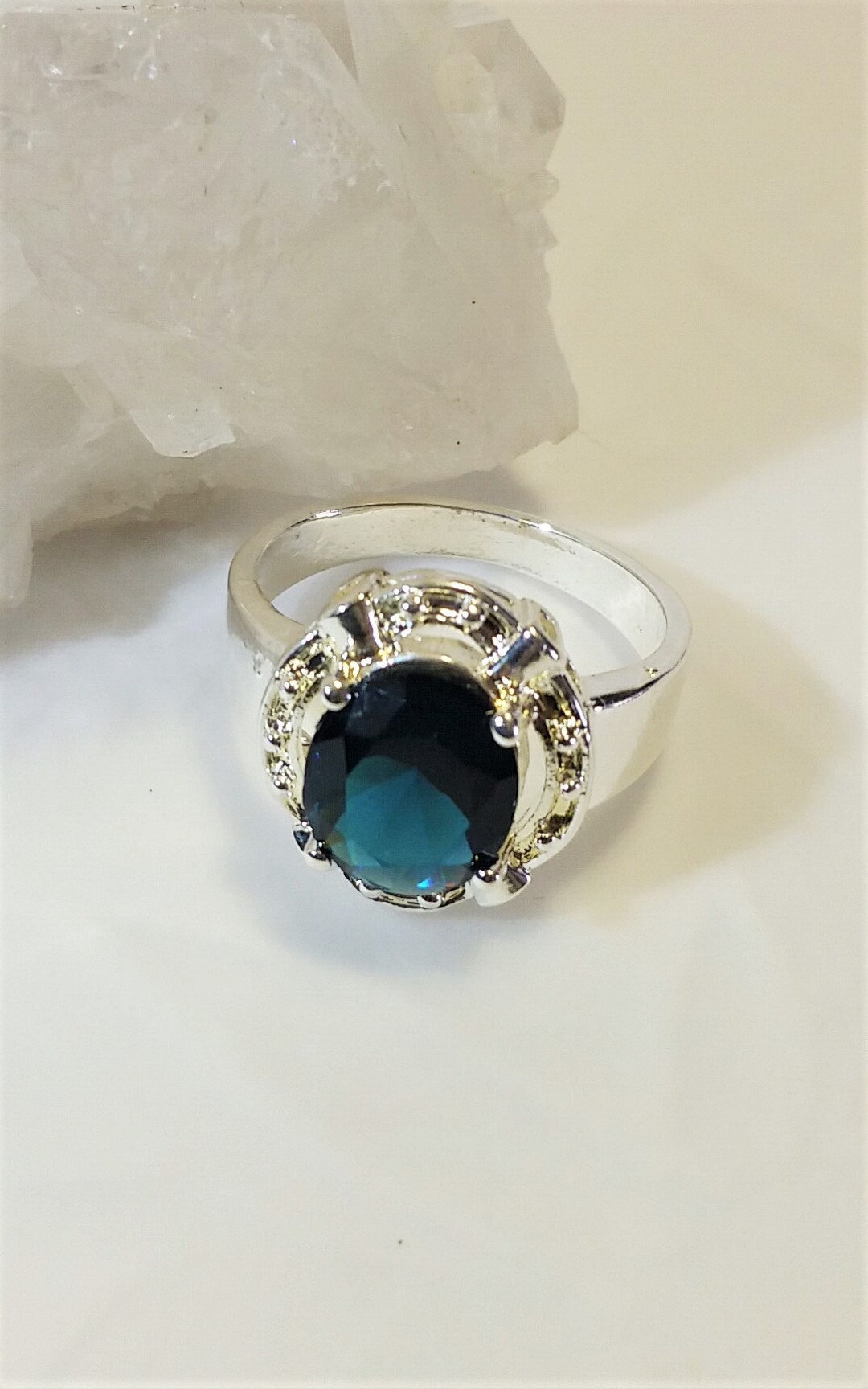 Blue CZ Large 925 Sterling Silver Ring, Size 7.25 Cocktail Engagement ...