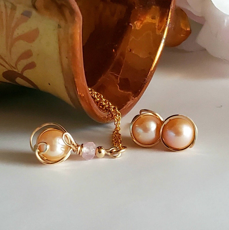 Pink Pearl Jewelry Set,pink Pearl Gold Filled Necklace Earrings,bridal ...