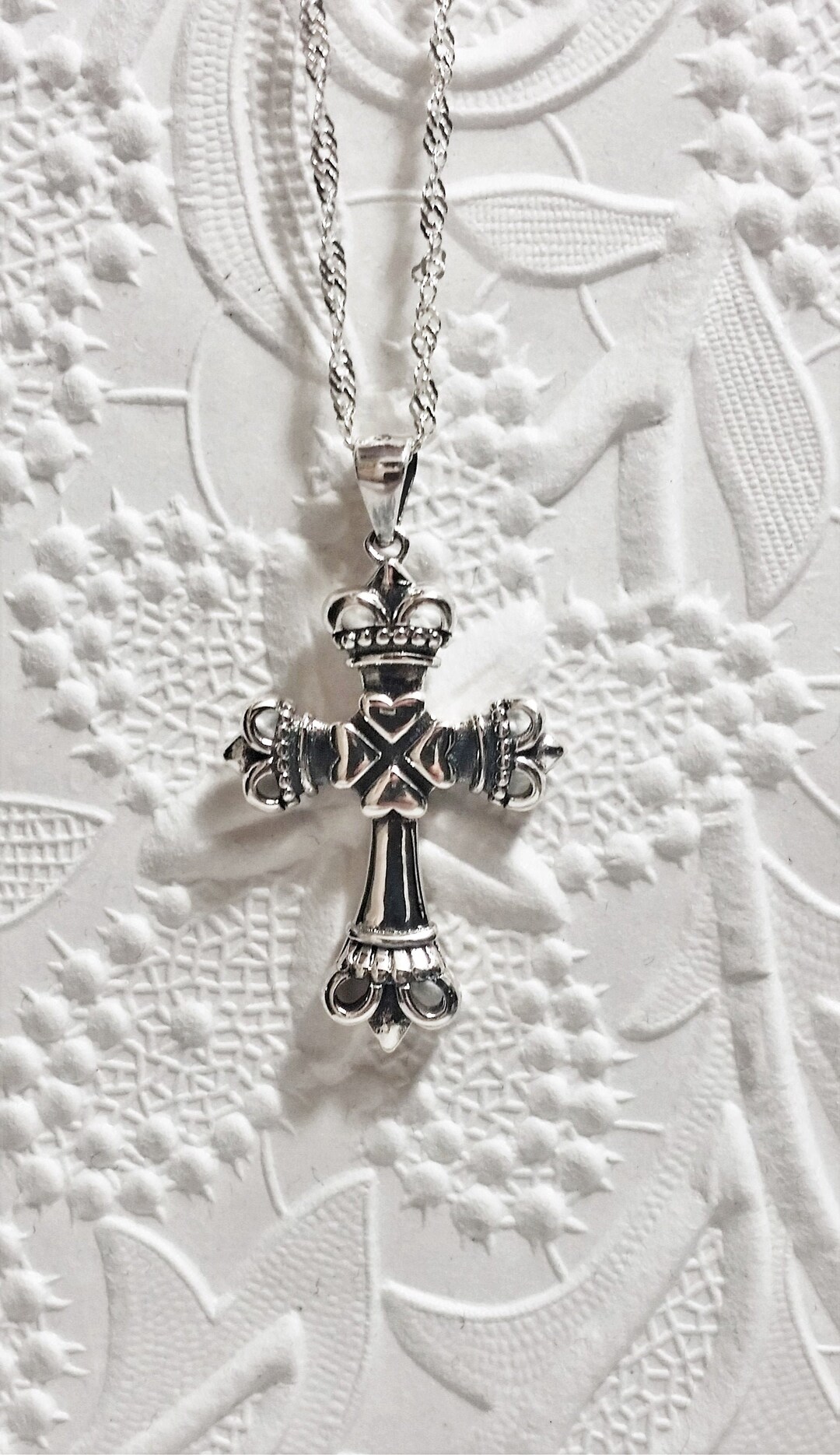 Sterling Silver Cross Necklace, Crown Cross ,religious Cross, Christian ...