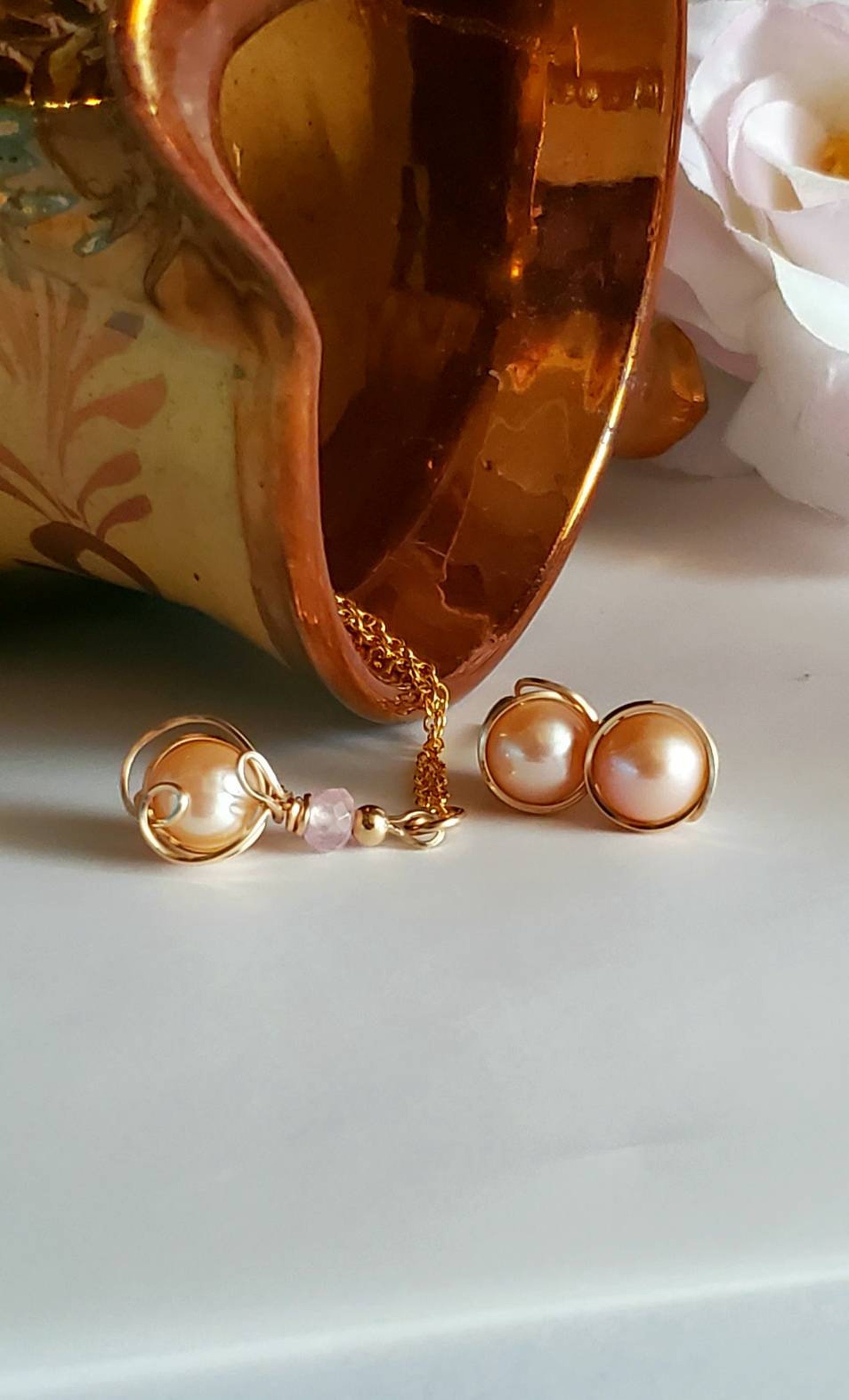 Pink Pearl Jewelry Set,pink Pearl Gold Filled Necklace Earrings,bridal ...