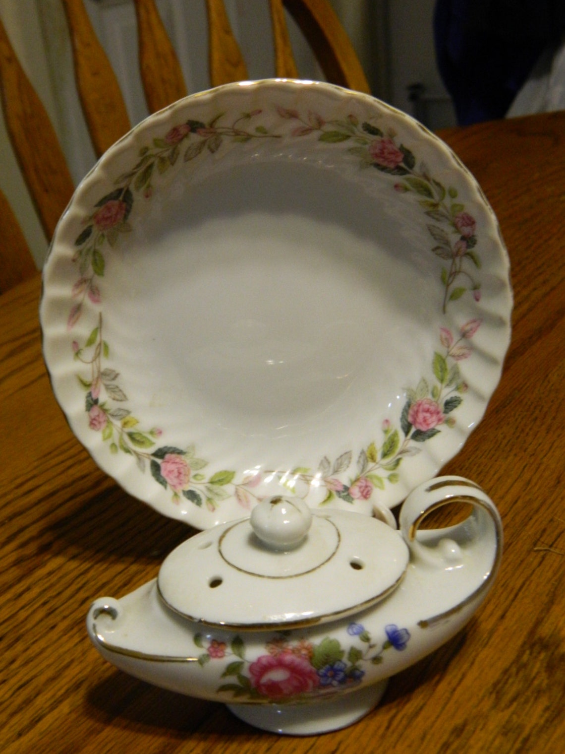White Porcelain China Bowl & Aladdin Shaped Bowl W/lid~both Have a Pink ...