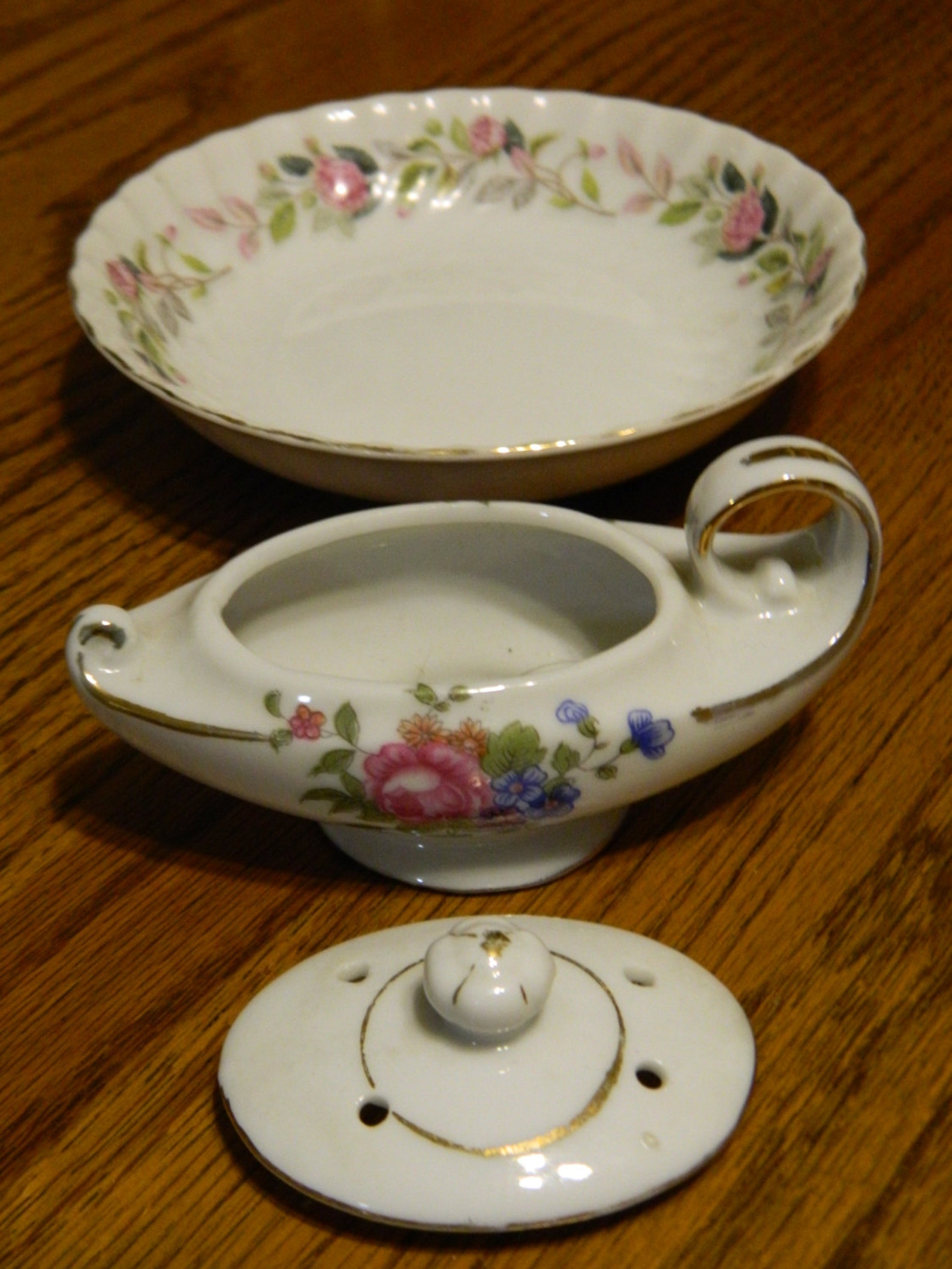 White Porcelain China Bowl & Aladdin Shaped Bowl W/lid~both Have a Pink ...