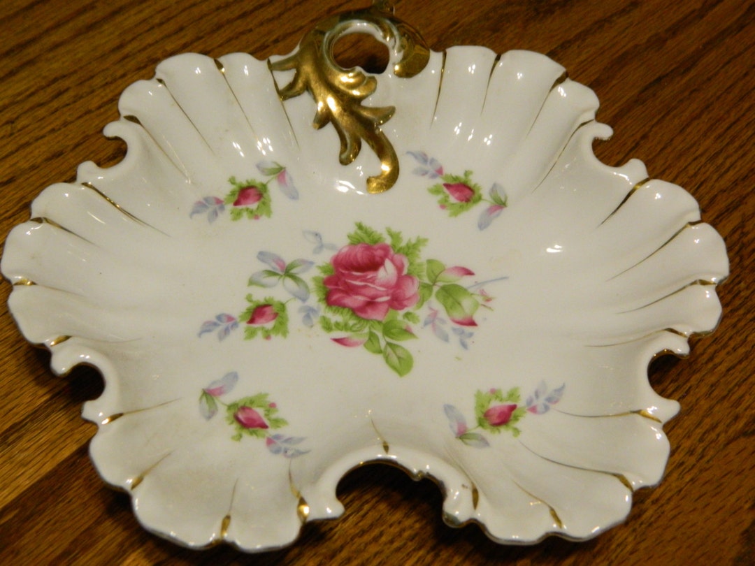 A Uniquely Shaped Lefton China Floral Dish~a Shiny White Porcelain Dish ...