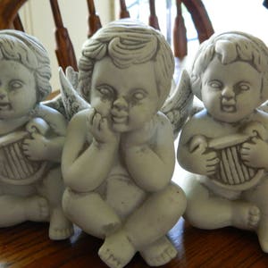 3 Cherubs Statues~3 Angel Figurines~3 Sitting Angels~uniquely Hand ...